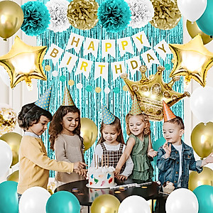 Iysoll Teal Blue and Gold Birthday Party Decorations Happy Birthday Banner Turquoise Aqua Teal Balloons Foil Fringe Curtain Tissue Pom Poms for Women Girls men boys