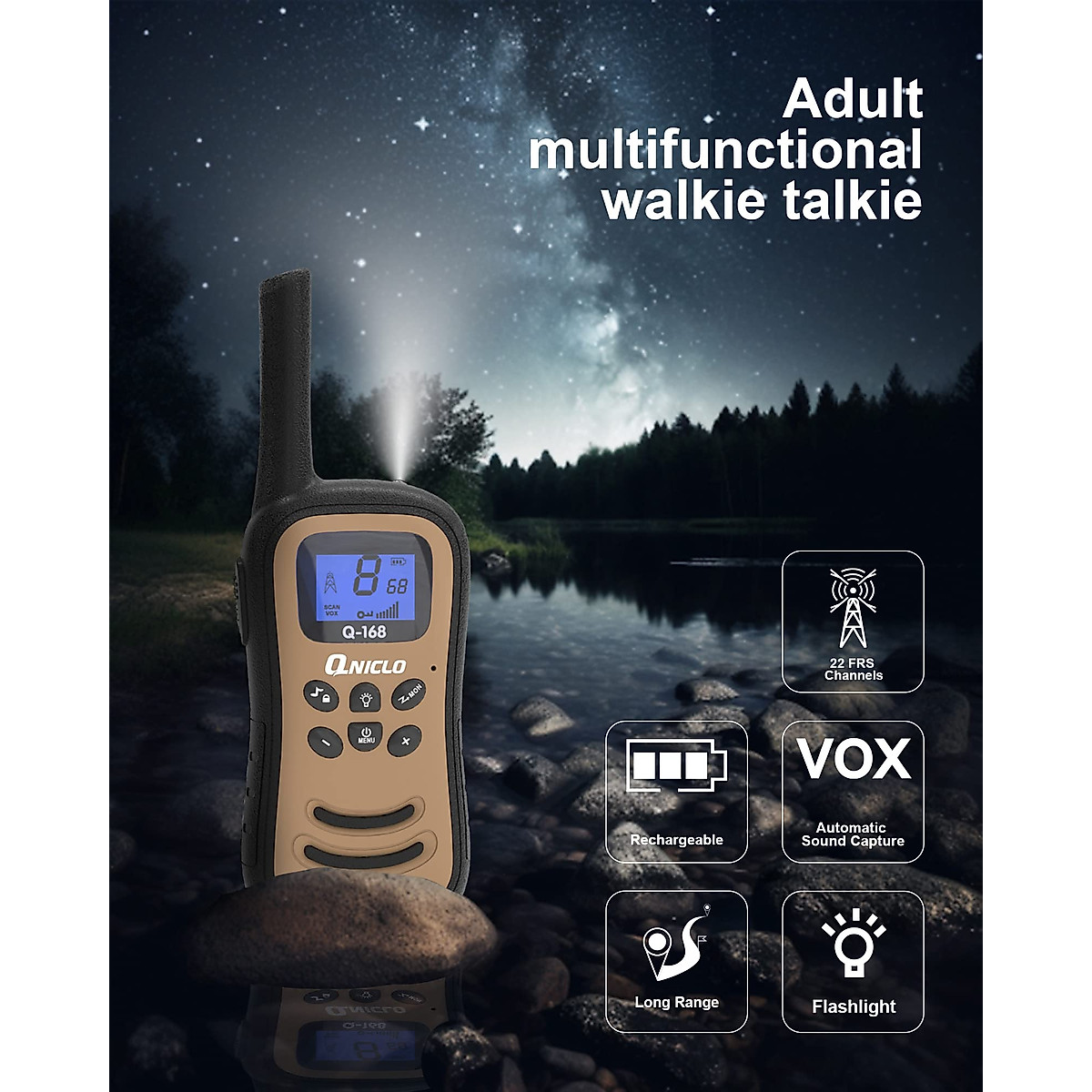 Qniglo Walkie Talkies for Adults/Kids, Rechargeable Walkie Talkies Long Range with 22 FRS Channels, VOX 2 Way Radios with LED Flashlight for Hiking Camping Trip Adventure(Bluegreen)