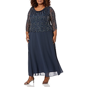 J Kara Women's Plus Size 3/4 Scallop Beaded Pop Over Gown, Navy/Mercury, 24W