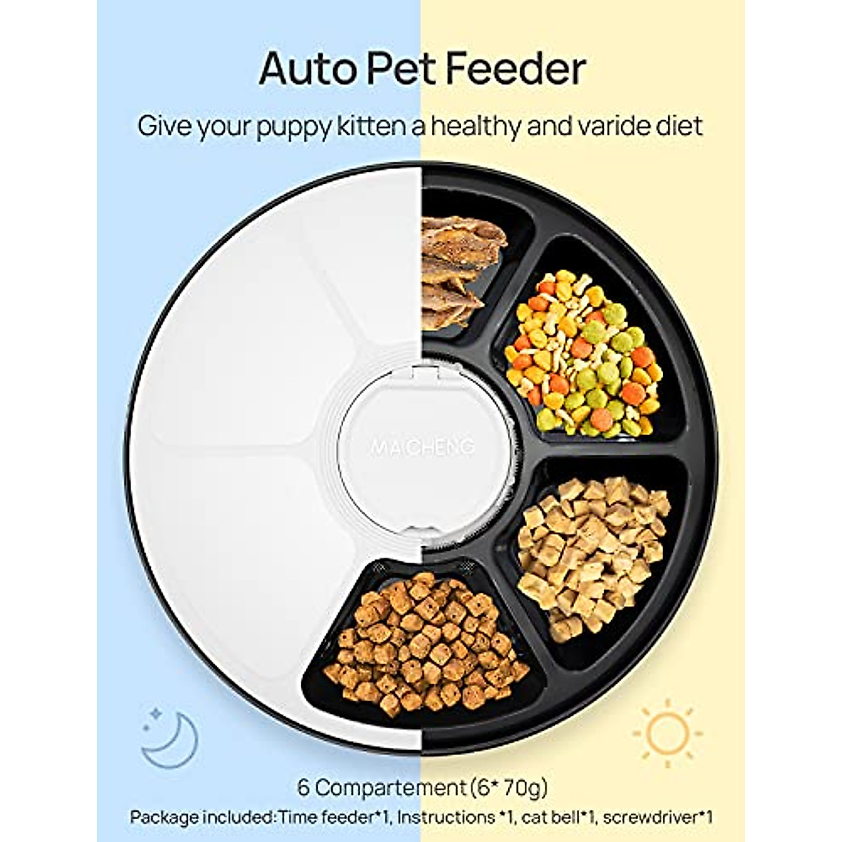 MAICHENG 6 Meal Automatic Pet Feeder-Dry Cat Food Dispenser with Programmable Timer, Portion Control, LCD Display-for Cats Small Dogs-420g