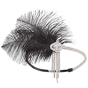 SWEETV Flapper Headbands Womens 1920s Headpiece Great Gatsby Inspired Feather Headband Cocktail Party Rhinestone Hair Accessories for Women, Black