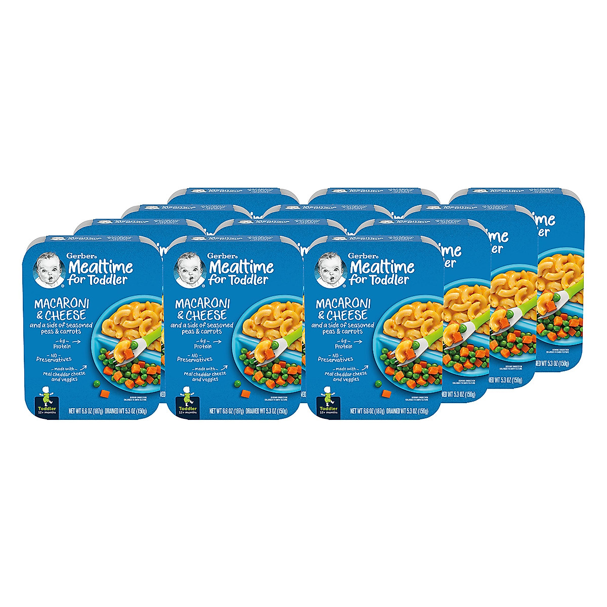 Gerber Mealtime for Toddler Macaroni & Cheese with Side of Seasoned Peas & Carrots, Made with Real Cheddar Cheese & Farm Grown Veggies (6.6 Ounce (Pack of 12))