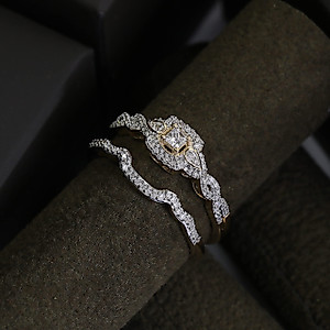 DZON 10k Yellow Gold 1/3CT TDW Diamond Halo Princess-Cut Engagement Ring Set Love Gift for Women (I-J,I2)