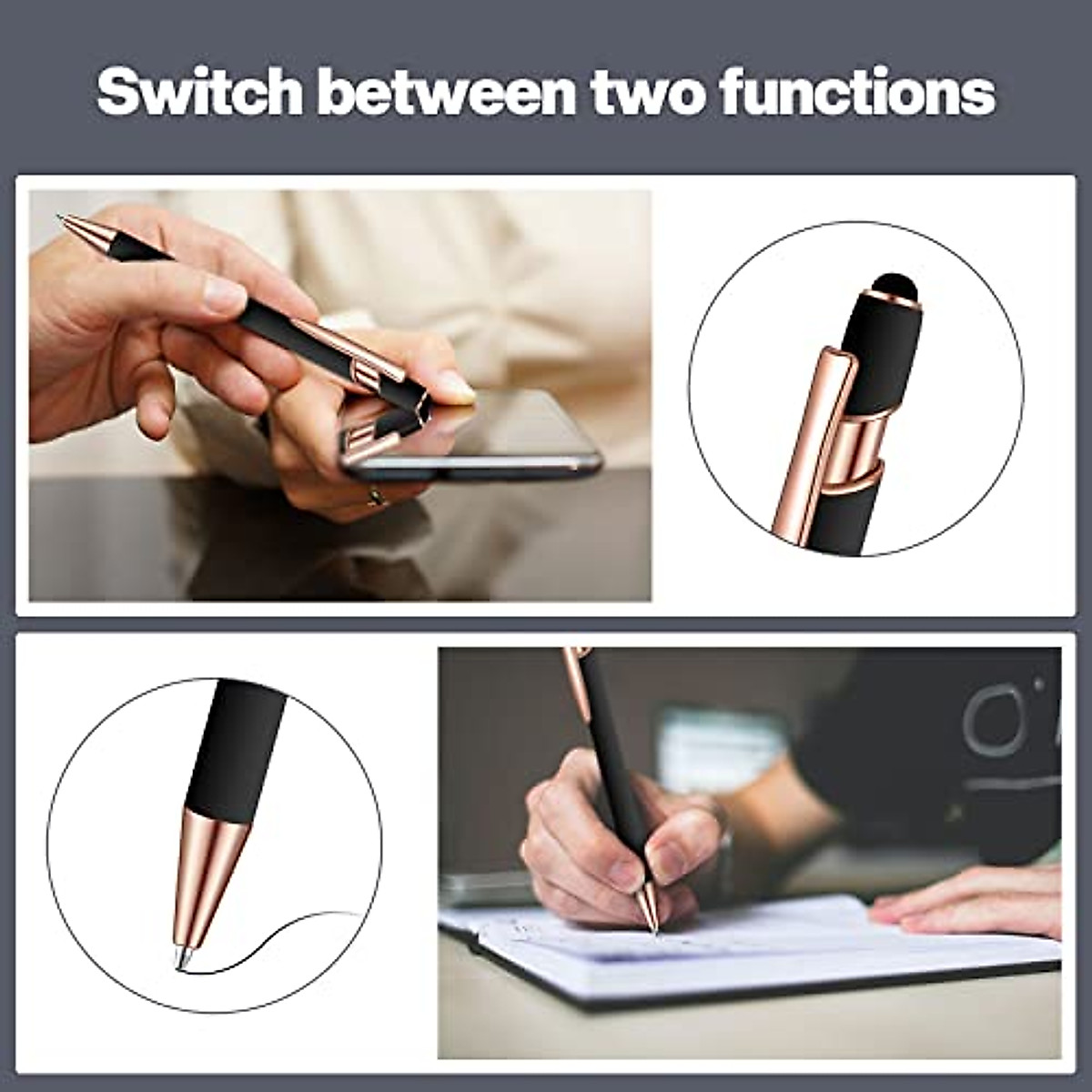 8 Pieces Ballpoint Pen with Stylus Tip Black Ink 2 in 1 Stylus Metal 1.0 mm Medium Point Smooth Pen Rainbow Colorful Rubberized Ballpoint Pen for Touch Screen Tablet (Rose Gold, Black)
