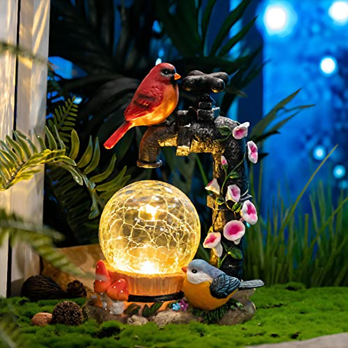 TERESA'S COLLECTIONS Bird Garden Decor with Solar Powered Lights, Resin Bird Outdoor Statues Figurine Garden Statue with Crackle Glass Globe for Porch Patio Lawn Yard Christmas Decorations, 8.3 inch