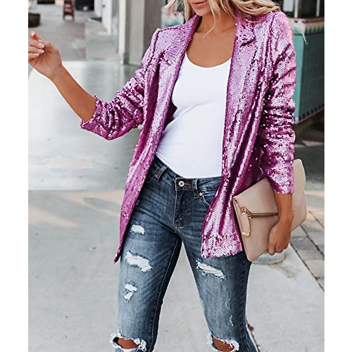 SEMATOMALA Women's Sequin Shiny Open Front Blazer Evening Party Sparkly Long Sleeve Slim Cardigan Coat RO-M