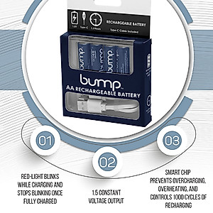 bump AA 1.5V Rechargeable Batteries - 4 Pack -Lithium Ion, High Output, Fast & Long Lasting USB-C Charge, Use w/Remote Control, Battery Operated Toys, Keyboards, Wireless Mice, Charger Cable Included