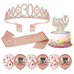 Chenkaiyang 30th Birthday Decorations, Birthday Crown and Sash for Girls Rhinestone Tiara Set Rose Gold Party Decors Including Candles, Cake Toppers and Balloons 30th Birthday Gifts for Girls