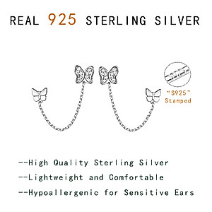 Reffeer 925 Sterling Silver Double Holes CZ Butterfly Chain Stud Earrings Two Butterfly Cuff Climber Earrings for Women Teen (Silver)