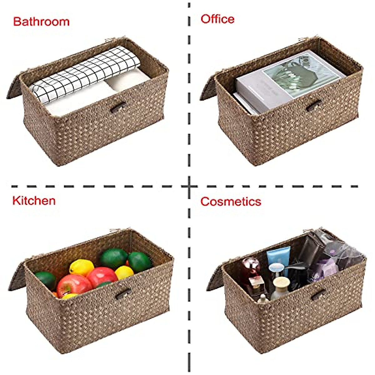 Hipiwe Wicker Shelf Baskets Bin with Lid, Handwoven Seagrass Basket Storage Bins Rectangular Household Basket Boxes for Shelf Wardrobe Home Organizer, Coffee Medium