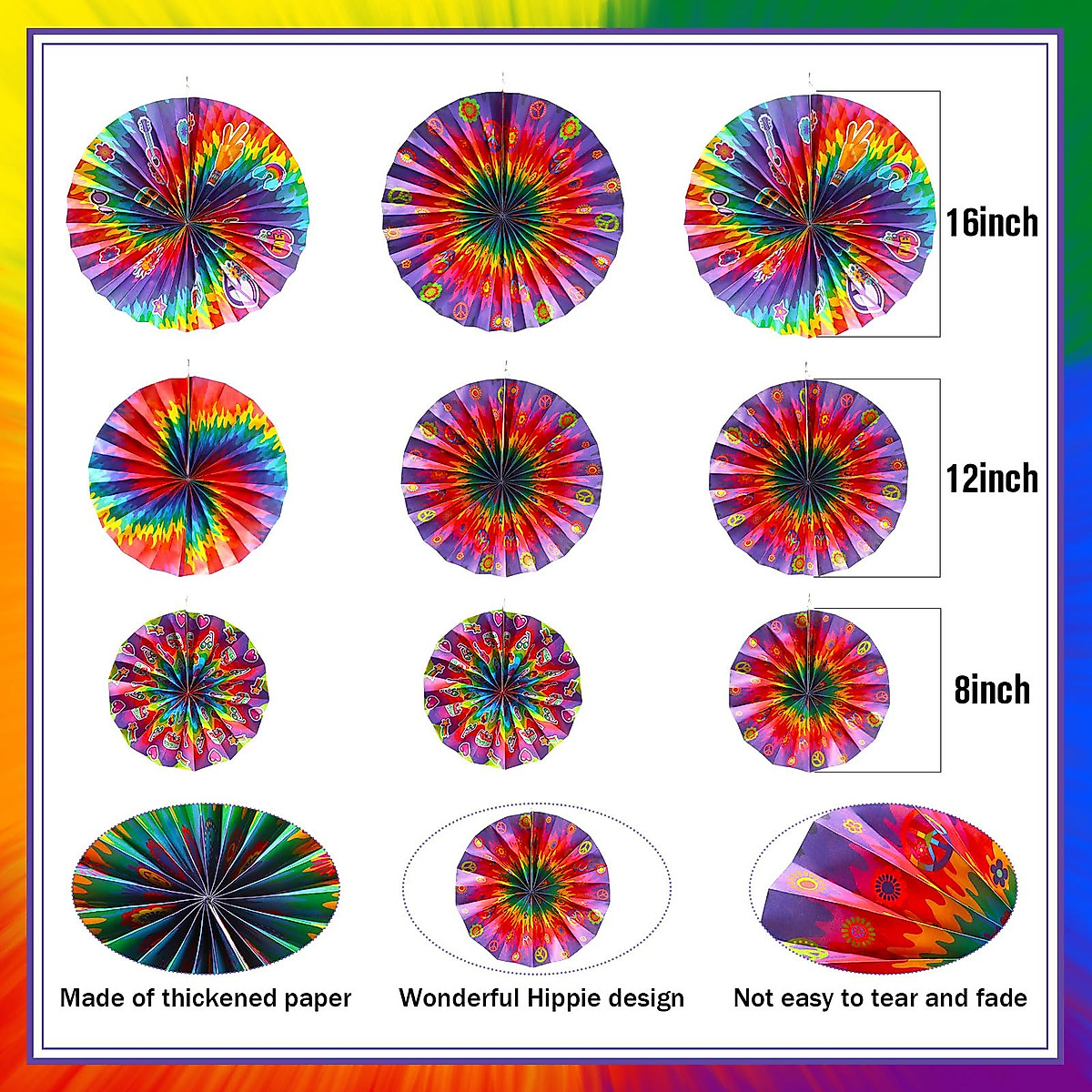 Outus 9 Pcs Tie Dye Party Supplies Groovy Hippie Hanging Paper Fans Classroom Decoration 60s Party Hanging Decoration Peace and Love Sign for Carnival Hippie Groovy Theme Birthday Party Ceiling