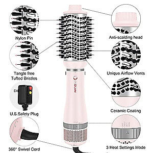Hair Dryer Brush Set, IG INGLAM 4 in 1 Blowout Brush, Negative Ion Detachable Hair Dryer & Styler Volumizer Hot Air Hair Dryer Brush with 2 Styling Brush Heads, Pink