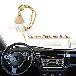 4 Pack,6ml(1/5 Fl Oz) Refillable Car Essential Oil Diffuser,Empty Car Air Freshener Pendant Perfume Aromatherapy Vials-Clear Glass Bottle With Wooden Caps & Hanging String-FREE 1 Funnel&Dropper