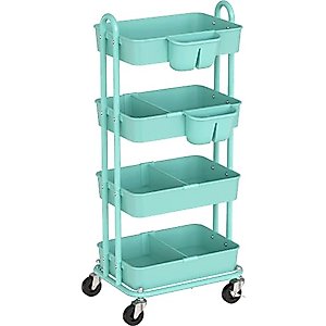 SimpleHouseware 4-Tier Multifunctional Rolling Utility Cart with Basket Dividers and Hanging Buckets, Turquoise