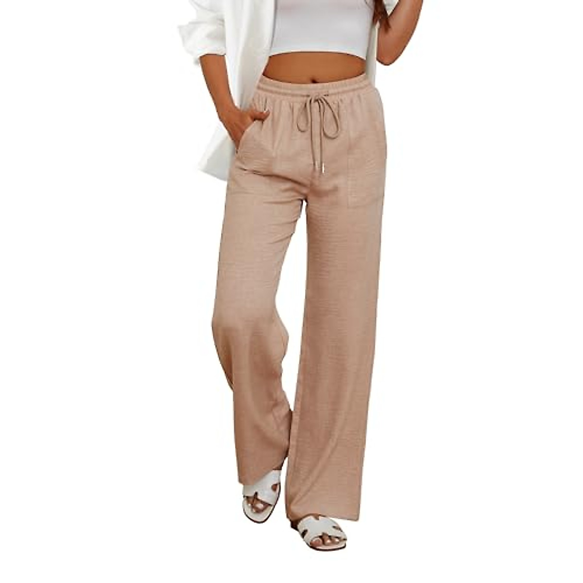 Narcissus Khaki Linen Pants for Women Fall Plus Size Khaki Pants for Women Drawstring Loose Linen Pants Plus Size Linen Beach Pants for Women (Khaki XL)