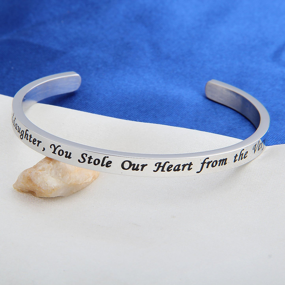 FEELMEM Granddaughter Bracelet Granddaughter, You Stole Our Heart from the Very Start Cuff Bangle Gift for Granddaughter Family Jewelry(Granddaughter Stole Heart-Silver)
