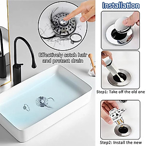 AzWzz 1 PCS Bathroom Sink Drain Stopper with Strainer and 1 PCS Bathtub Drain Stopper with Drain Hair Catcher, 3 in 1 Feature, All Brass Plating Process