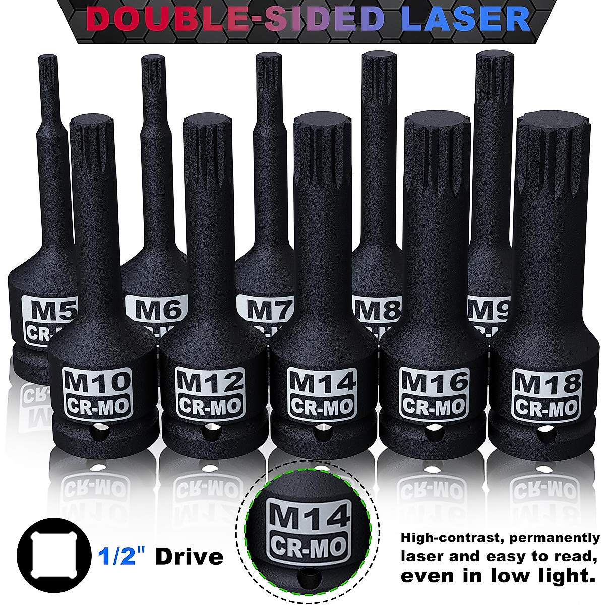 Aiourx 1/2" Drive Master Impact XZN Bit Socket Set, 10-Pieces: M5 - M18, Cr-Mo Steel, Heavy Duty Storage Case