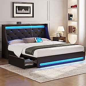 Rolanstar Full Bed Frame with LED Lights and Charging Station, PU Leather Bed with Drawers, Wooden Slats, Noise Free, Easy Assembly, Black