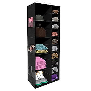 Libeder Shoe Organizer for Closet, 15 Shelf Hanging Closet Storage Shelves - 10 Shoe Rack Organizer and 5 Compartment for Clothes with 6 Side Mesh Pockets for Scarf, Socks,Gloves Black