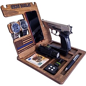 Custom Wood Phone Docking Station Personalized Gifts for Men Boyfriend Husband Son Dad as Anniversary Birthday Nightstand with Key Holder Gun Holder Wallet Stand and Watch Organizer