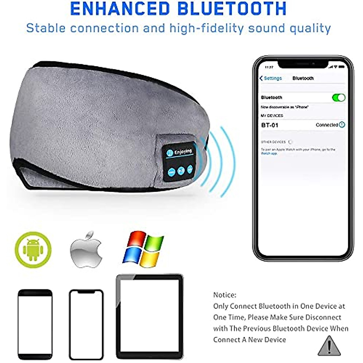 Brynnl Bluetooth Eye Mask Sleep Headphones, Wireless Music Light Blocking Sleep Eye Shades Headband Sport Headsets with Built-in Speakers Microphone Washable Soft Eye Blinder for Travel Siesta Yoga