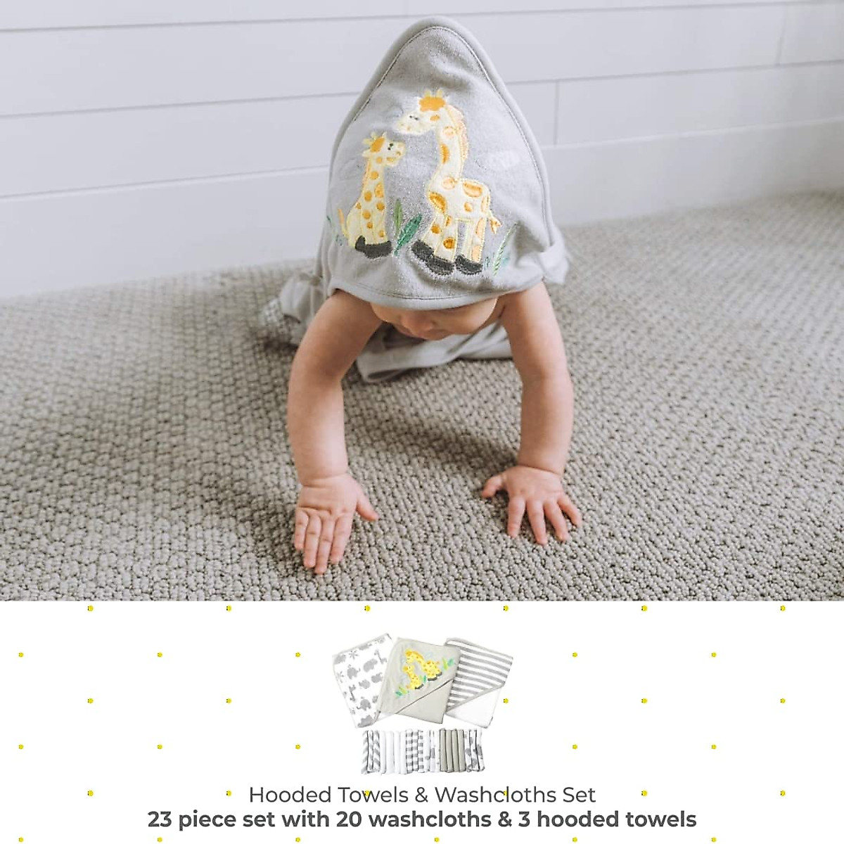 Spasilk Bath Hooded Towels & Washcloths Set for Babies, 23-Piece Gift Set, Grey, (Gift GBA23 0501)
