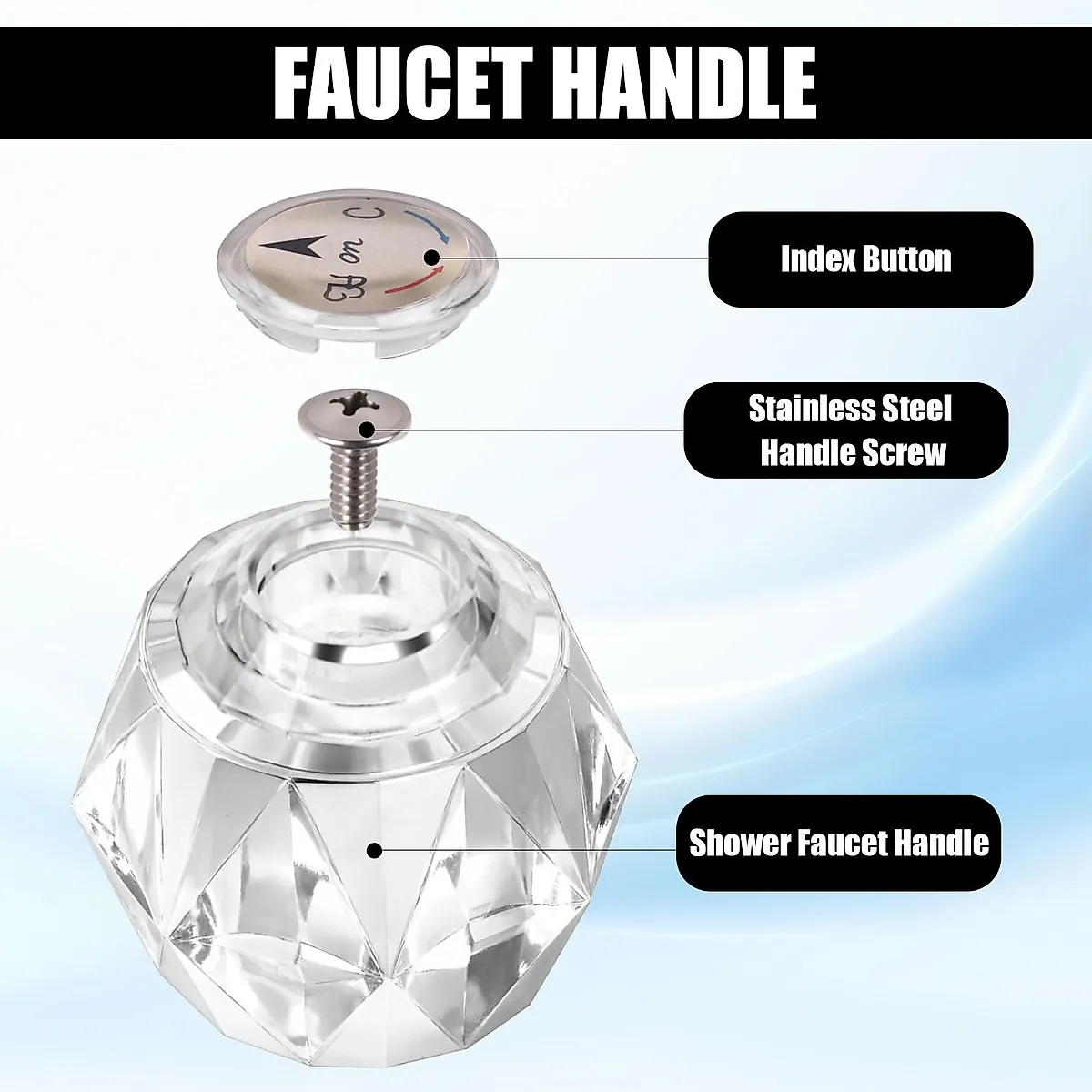 Ryutain Crystal Glass Faucet Handle, Hot and Cold Temperature Control, Diamond-Cut Design，Compatible with Delta Faucet RP2391，Suitable for Showers/bathtubs.QXBS-1