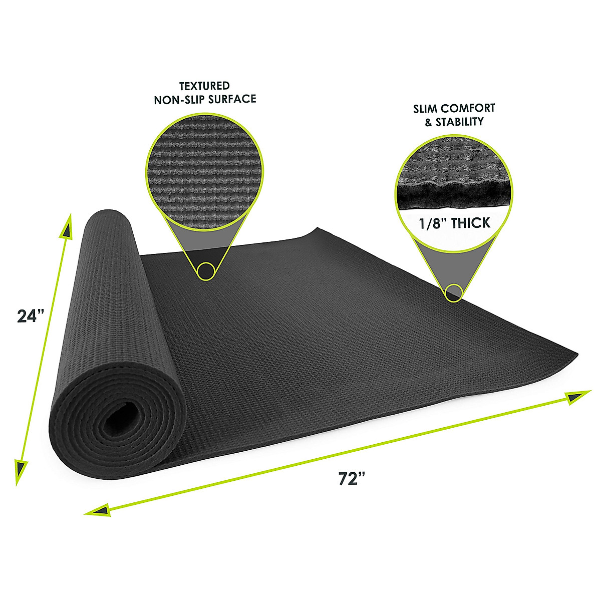 ProsourceFit Classic Yoga Mat 1/8” (3mm) Thick, Extra Long 72-Inch Lightweight Fitness Mat with Non-Slip Grip for Yoga, Pilates, Exercise