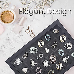 Hivory Velvet Jewelry Display Tray for Earrings & Rings - Stud Earring Storage Box, Earring & Ring Holder Display Case for Girls - Clear lid 24 Grid Jewelry Organizer Box (Black)