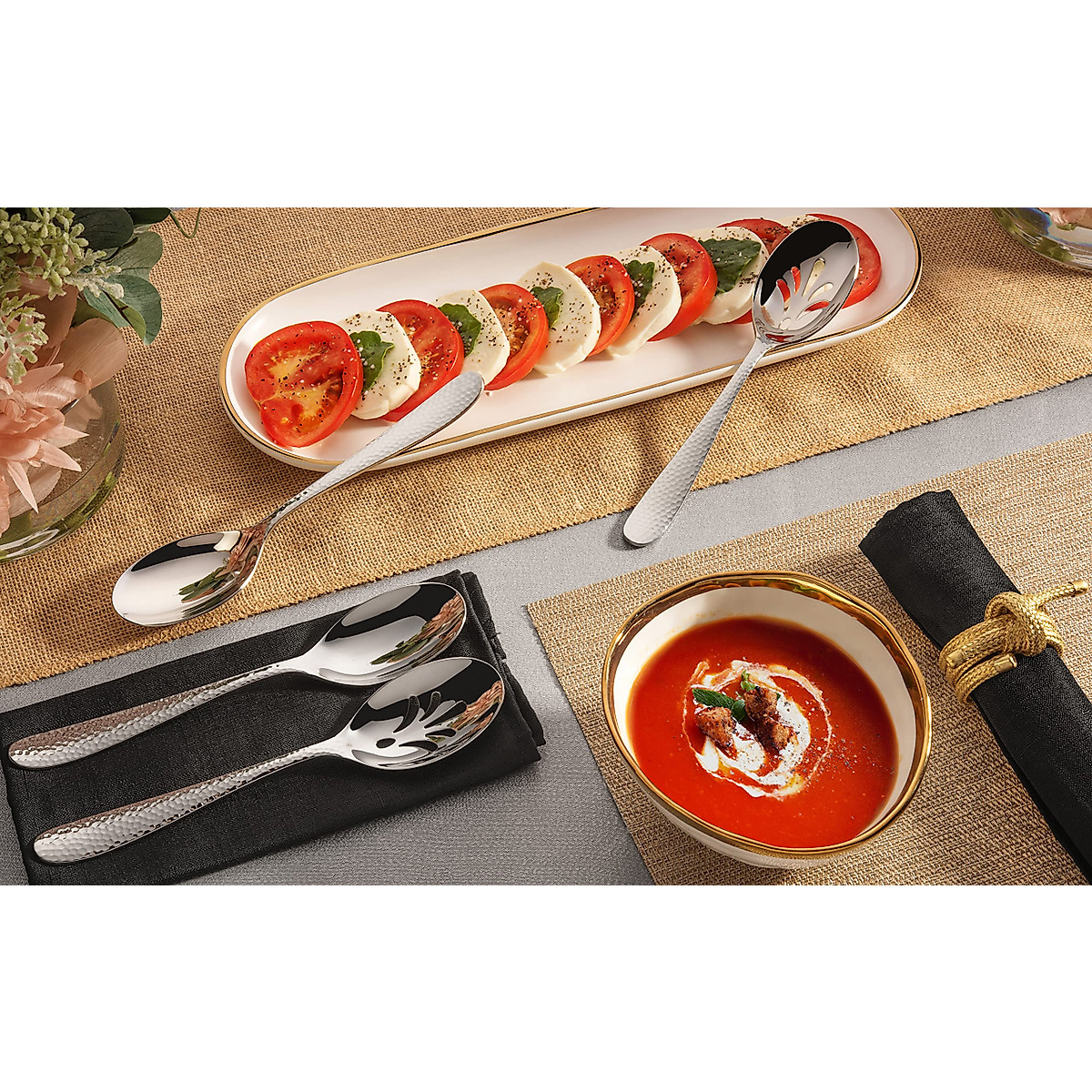 Hudson Essentials 9-Piece Bergamo Hammered 18/10 Stainless Steel Hostess Serving Utensil Set - Flatware Silverware with Wedding Cake Knife & Cake Server - Perfect for Weddings, Engagements and Parties