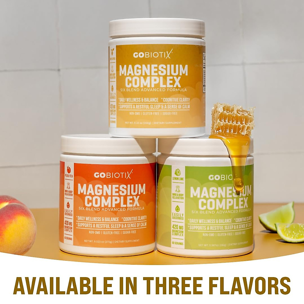 GoBiotix Magnesium Glycinate Powder - Magnesium Complex Supplement with Citrate, Malate, and Glutamine Chelate - Sugar Free, Non GMO - 420 mg per Serving - 60 Servings per Tub - Peach Tea