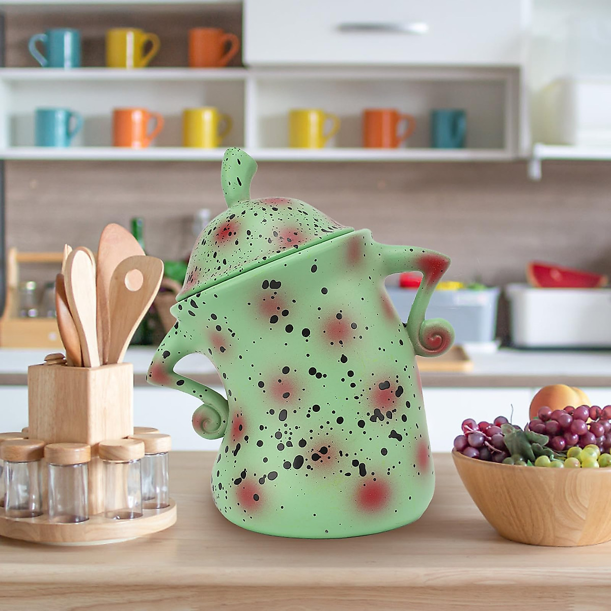 YYPLIAN Canister With Attitude, Large Ceramics Jar with Lid, Cute Creative Food Storage Jar with Airtight for Coffee, Tea, Sugar, and Spices (Green)