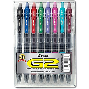 PILOT G2 Premium Refillable and Retractable Rolling Ball Gel Pens, Fine Point, Assorted Color Inks, 8-Pack (31128)