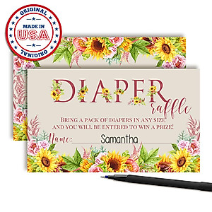 Amanda Creation Watercolor Sunflower & Peony Floral Spring Diaper Raffle Tickets for Baby Showers, 20 2" X 3” Double Sided Inserts, Bring a Pack of Diapers to Win Favors & Priz