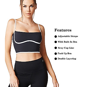 Move With You Sleeveless Spaghetti Strap Padded Sports Bra Tank Tops Square Neck Double Layer Workout Fitness Basic Crop Tops(Black,M1)