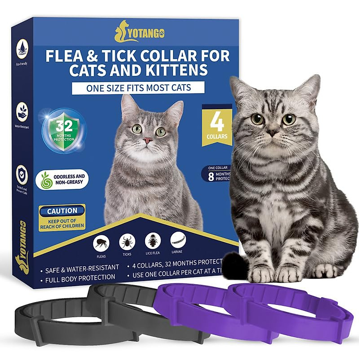 4 Pack Flea Collar for Cats 32Months Flea Tick Prevention for Cats Waterproof Cat Flea Collar Natural Cat Flea Tick Treatment Adjustable Flea Tick Collar for Cats Kittens(Black&Purple)