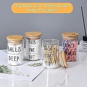 4 Pack Qtip Holder, 10 oz Bathroom Organization with Bamboo Lids, Clear Glass Farmhouse Qtip Holder for Bathroom Vanity, Great for Cotton Swabs, Cotton Ball, Floss, Bathroom Decor