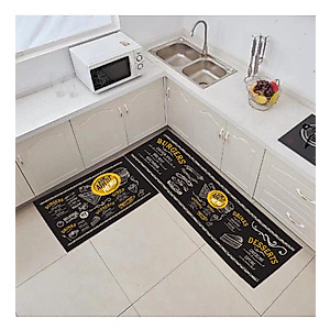 Kitchen Mat and Kitchen Rugs 2 PCS, Cushioned, Thick, Anti Fatigue and Waterproof Mat, Comfort Standing Desk Mat, Kitchen Floor Mat with Non-Skid & Washable for Home, Office, Sink. (Black Menu)
