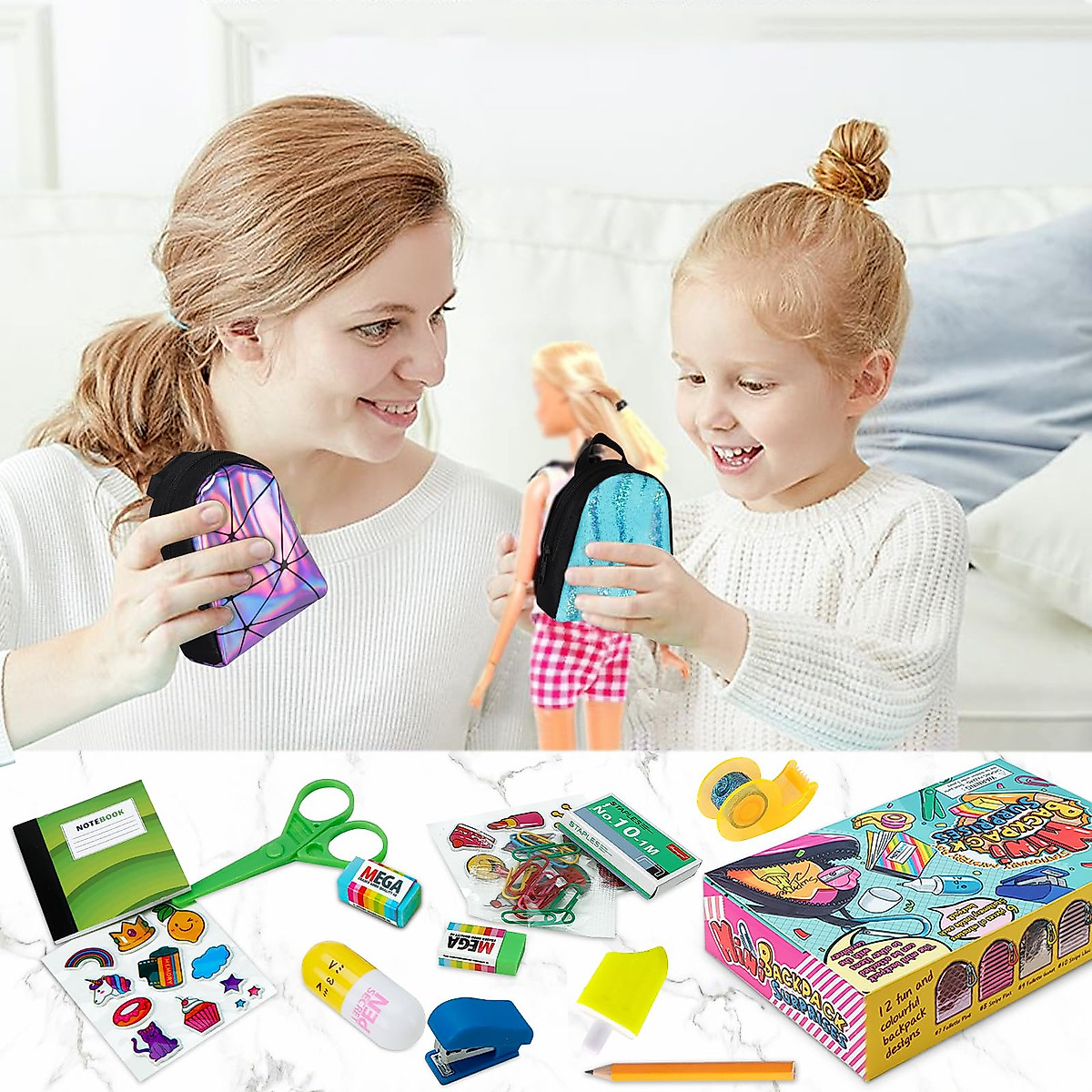 2 Pieces Mini Doll Backpack Toys with 12 Stationery Surprises Inside, Collectible Mini Backpack for Doll with Carabiner, Doll School Supplies Best Gift for Boys and Girls (Styles and Color Vary)