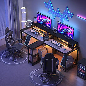 Mexin Home Office Desk-83.7 Inch 2 Person Desk with Storage Shelves and Power Outlets, Double Desk with Monitor Stand, Computer Gaming Desk, Large Work Desk, Black