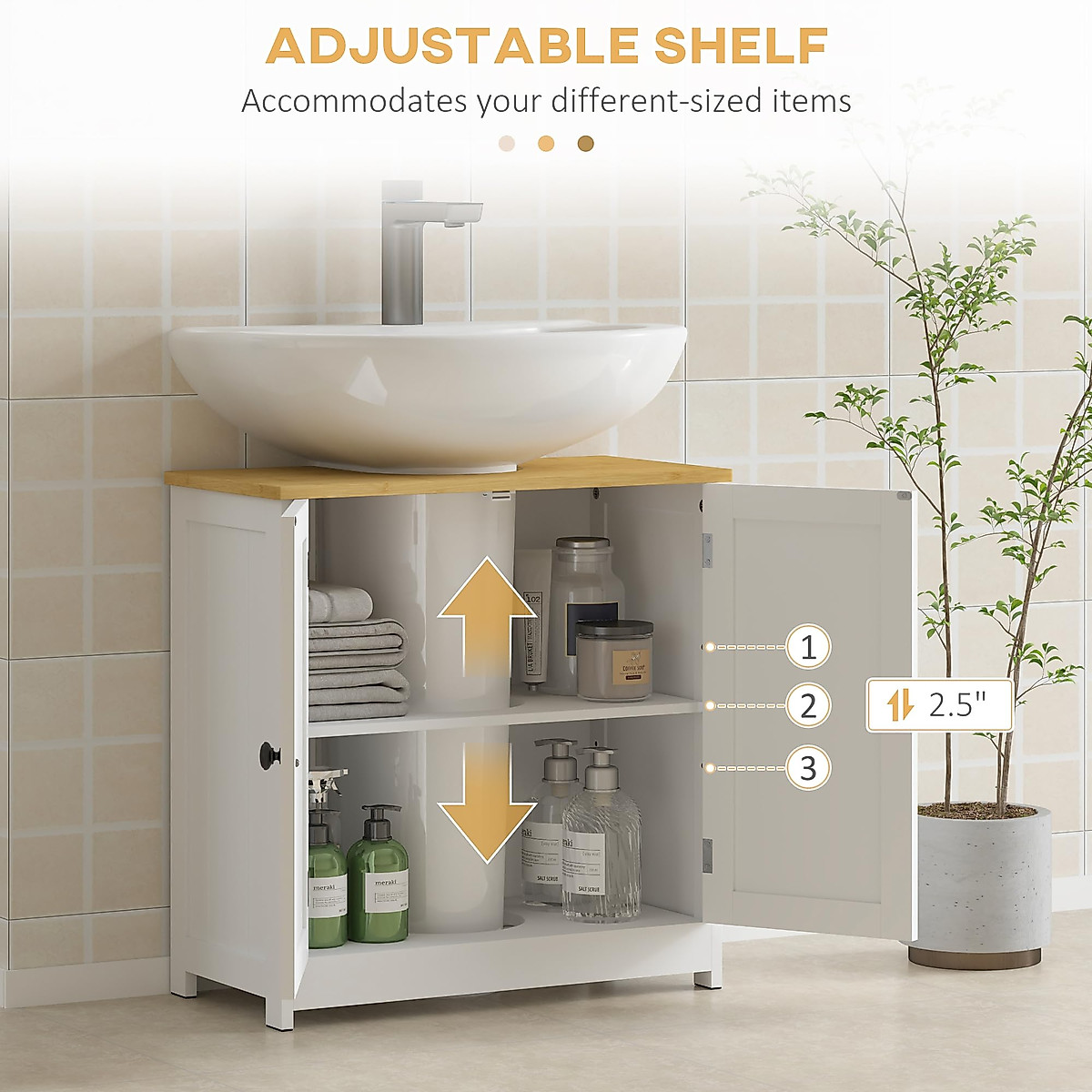 kleankin Modern Bathroom Under Sink Cabinet, Bathroom Vanity for Wall Mount Sink, Storage Cabinet with Double Doors and Adjustable Shelf, White