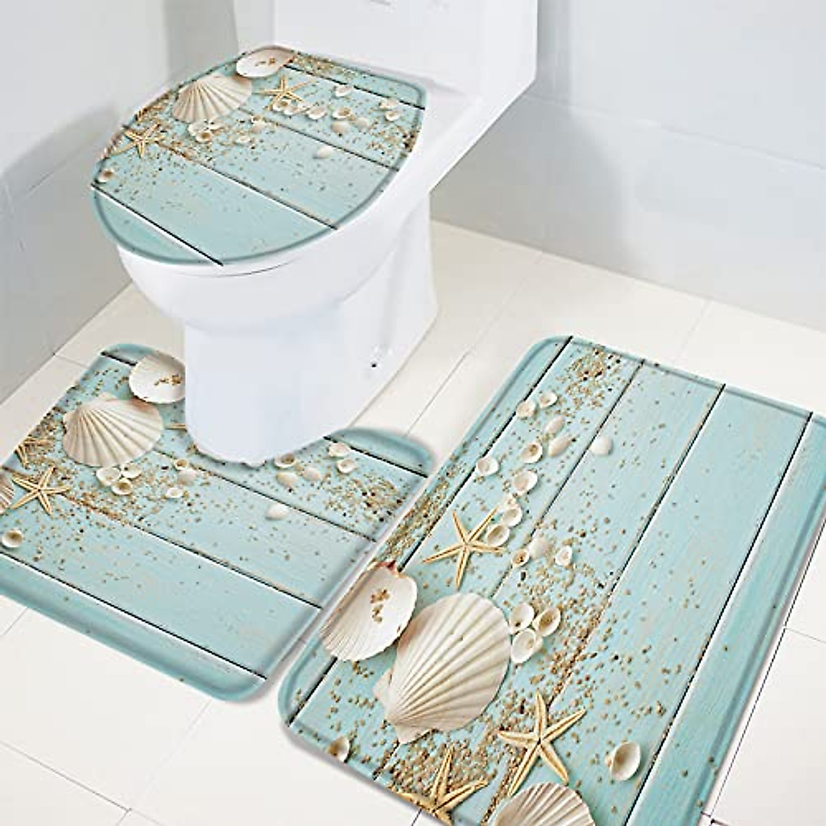 Apular Fashion 3 Piece Bath Rugs Set Starfish Beach Seashell Sand Wood Grain Board Printed Non Slip Ultra Soft Bathroom Mats, U Shape Mat and Toilet Lid Cover Mat Bath Mats