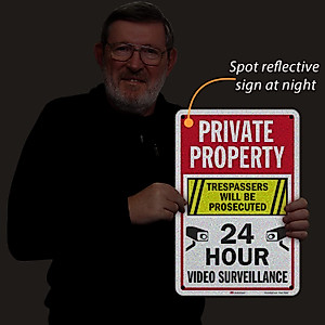 SmartSign 18 x 12 inch 'Private Property - Trespassers Will Be Prosecuted, 24 Hour Video Surveillance' Metal Sign, 63 mil Aluminum, 3M Laminated Engineer Grade Reflective Material, USA-Made