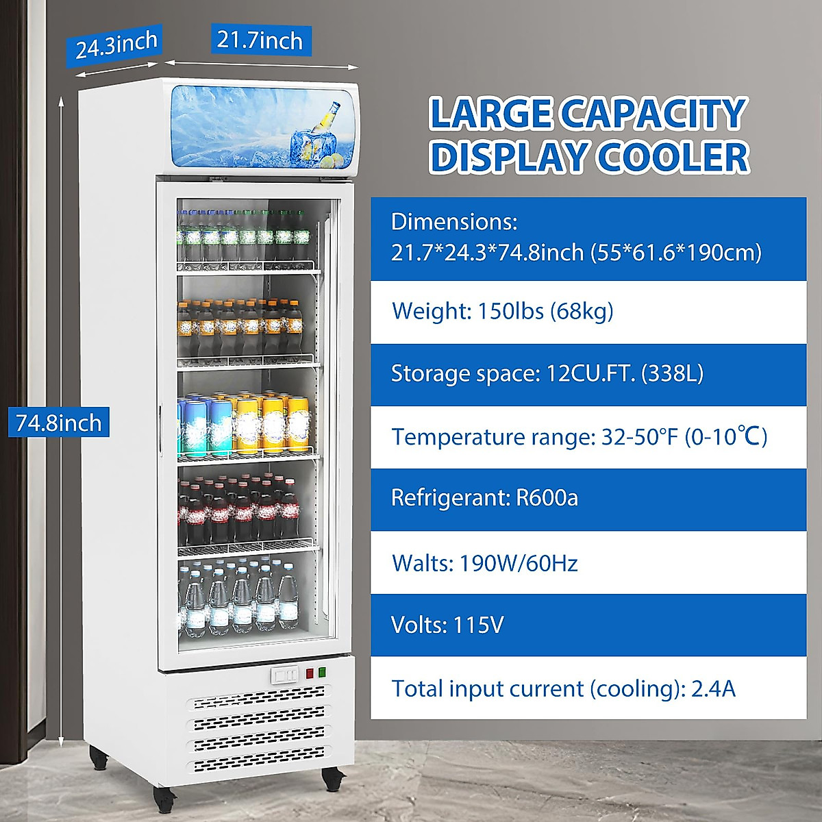 GAOMON Commercial Refrigerators Display Fridge 12 Cu.ft, Beverage Refrigerator and Cooler with Adjustable Removable Shelves and LED Light for Home, Store, Gym, Bar or Office, Single Swing Door