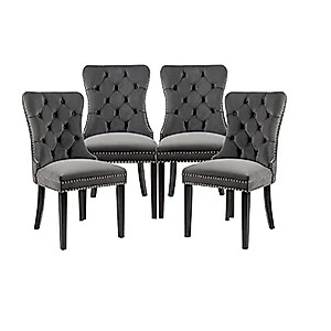 BEEY Velvet Upholstered Dining Chair Set of 4 Dark Grey Modern Tufted Accent Chairs with Nailhead Trim and Back Ring Pull,High Chair with Solid Wood Legs for Living Room Baronet Restaurant