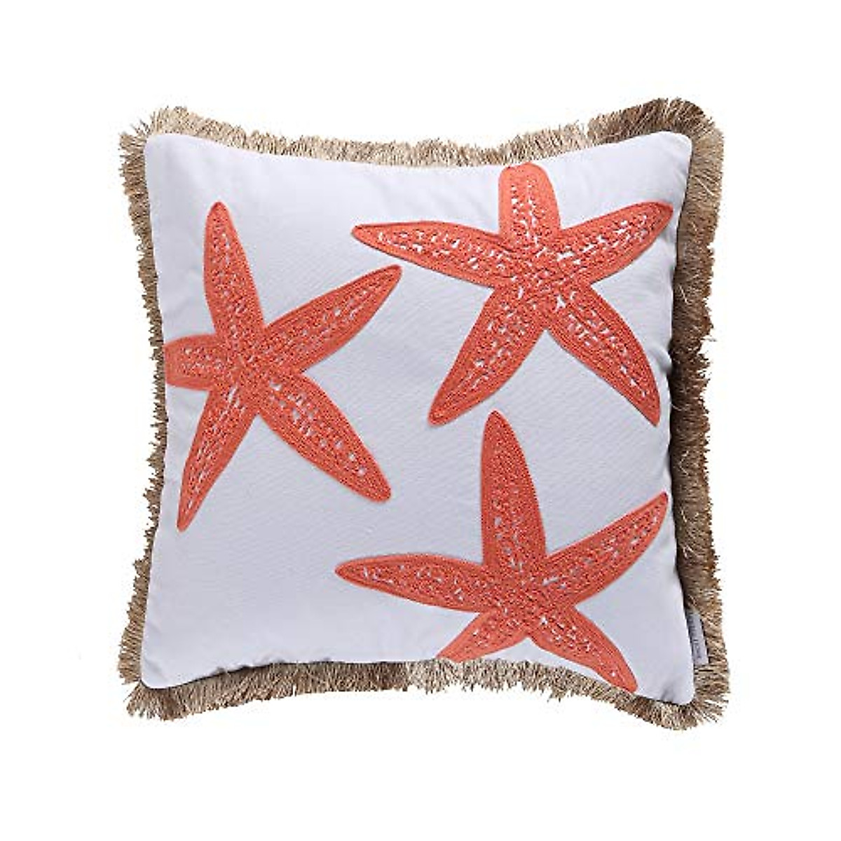 Levtex Home - Bakio - Decorative Pillow (18X18in.) - Embroidered Starfish in Coral and White - Coral and White with Taupe Fringe