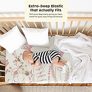 Carlsbad Linen Company Breathable Muslin and Silky Soft Bamboo Fitted Crib Sheet Ultimate Quality for Baby Boy or Girl Toddler (52"x28"x7") Cream and Pink Grass Flower Silhouette