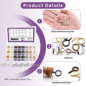 Swpeet 1610Pcs 0.16 Inch 0.2 Inch 0.24 Inch 3 Sizes Screw Eye Pins Metal Screw-in Eye Bolts Screw Eyes Hooks Kit, Small Screw Pins Mini Metal Eye Screw crew Eyes Hooks Self-Tapping Screws Hooks