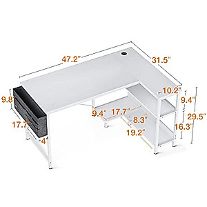 ODK Small L Shaped Computer Desk, 55 Inch Corner Desk with Reversible Storage Shelves & PC Stand for Home Office Workstation, Modern Simple Writing Study Table with Storage Bag for Small Space, White